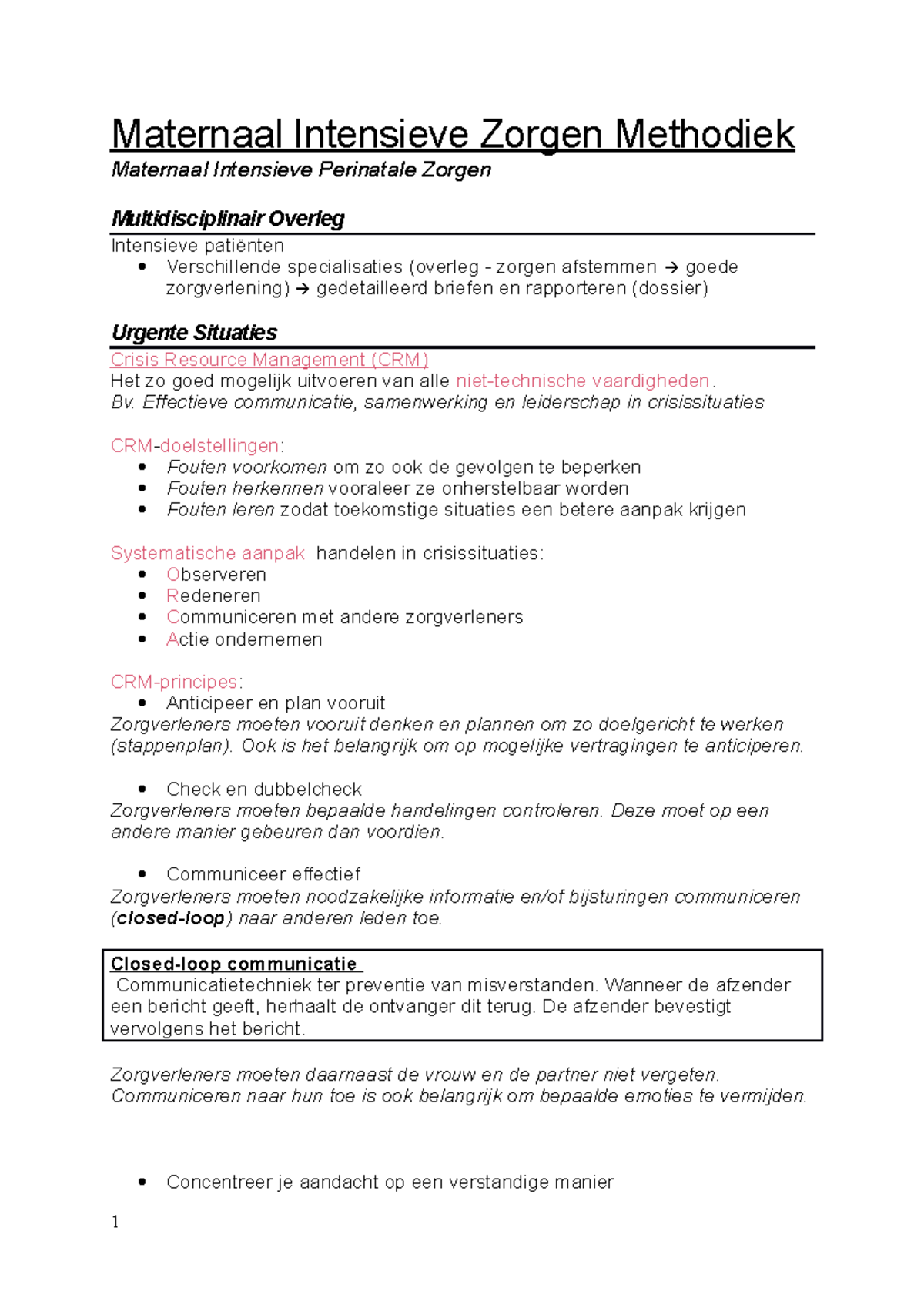 Maternaal Intensieve Zorgen Methodiek - Medische wetenschappen 3 ...