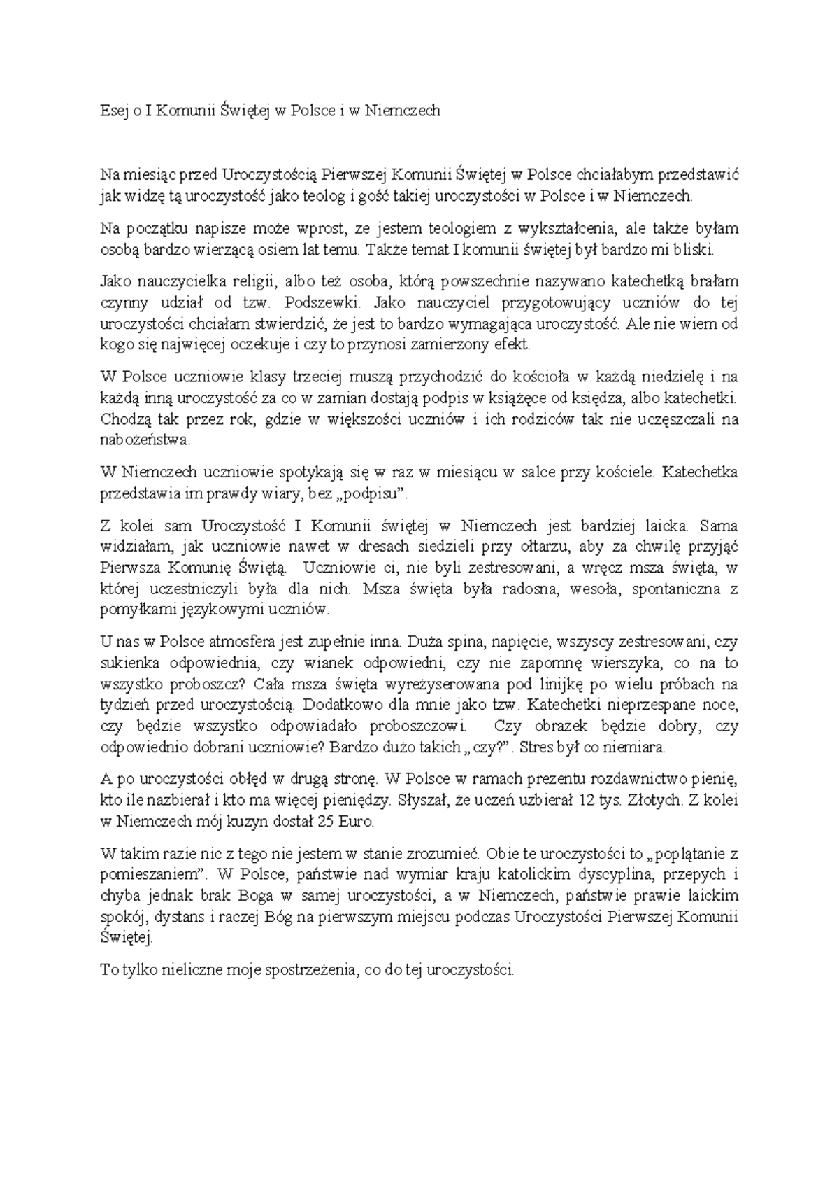 Esej - Kultura, porównanie - Esej o I Komunii Świętej w Polsce i w Niemczech Na miesiąc przed ...