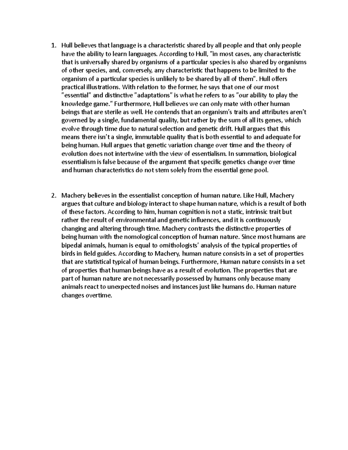 PHL 244 Test - Women and Gender studies notes - Hull believes that ...