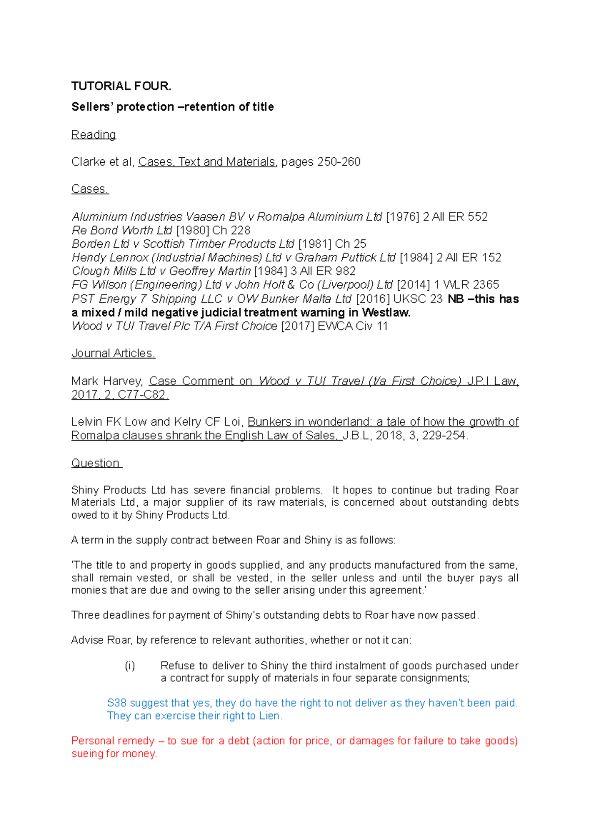 Tutorial FOUR and FIVE - TUTORIAL FOUR. Sellers’ protection –retention ...