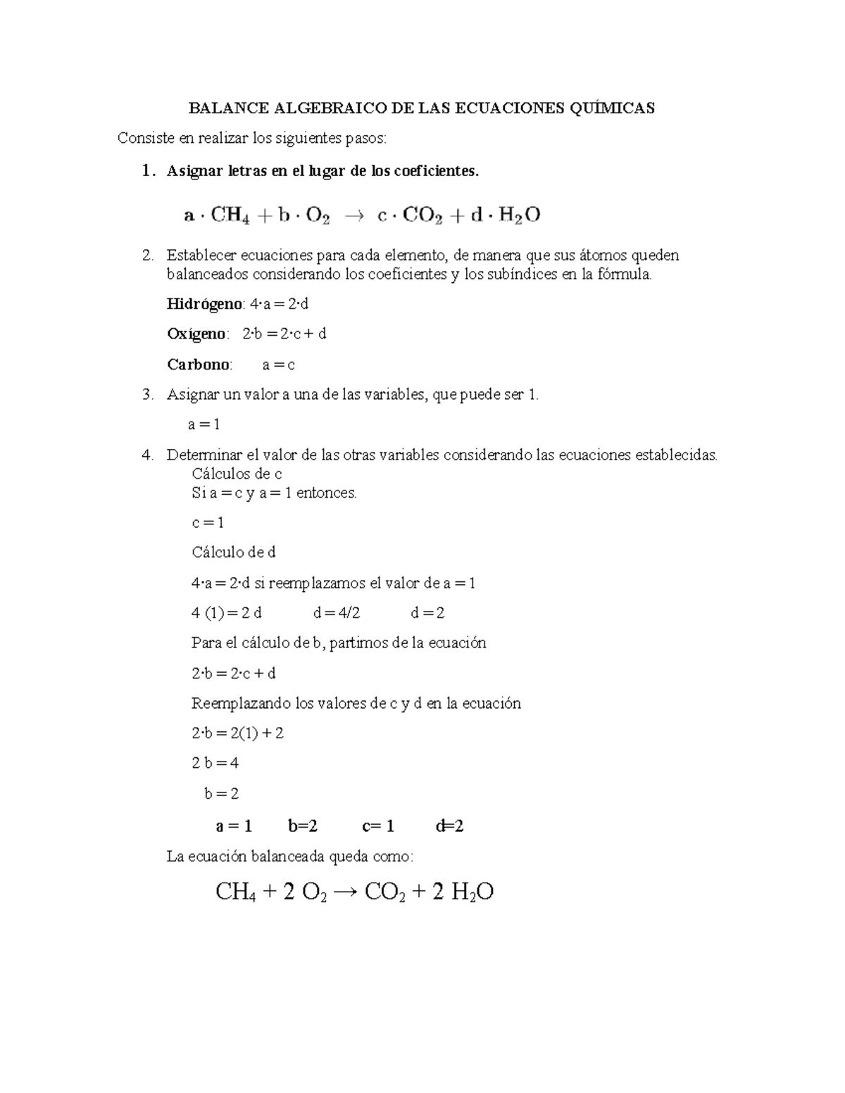 balance ecuacion - BALANCE ALGEBRAICO DE LAS ECUACIONES QUÍMICAS ...