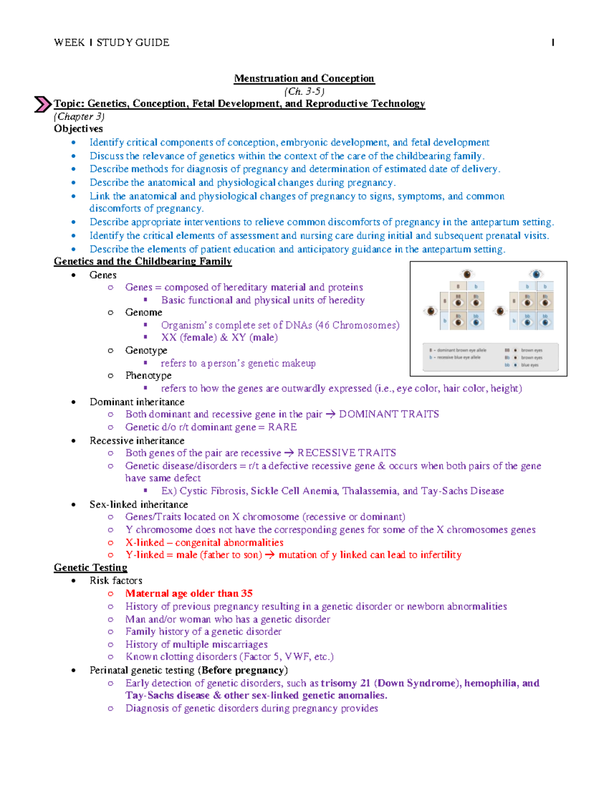 Wk 1 OB study guide - Menstruation and Conception (Ch. 3-5) Topic ...