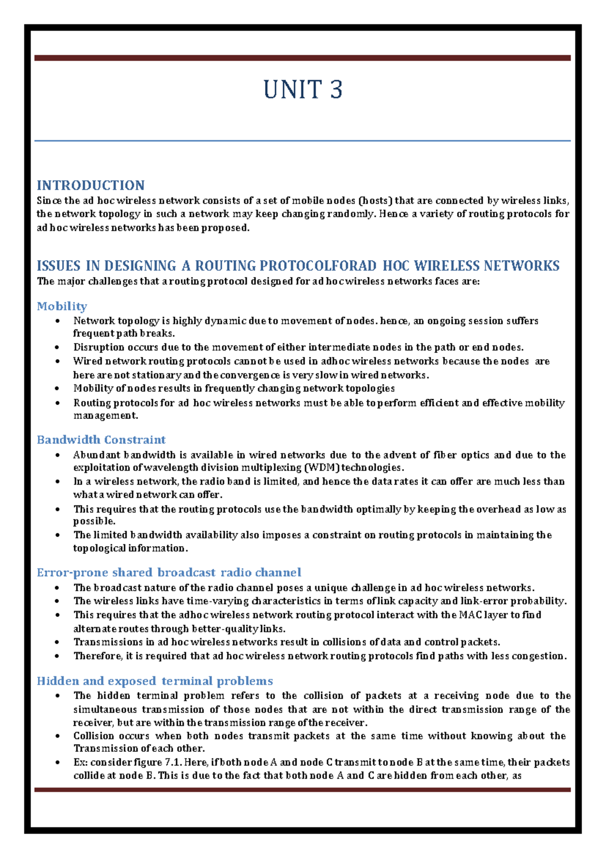 Unit 3 - Notes - UNIT 3 INTRODUCTION Since the ad hoc wireless network ...