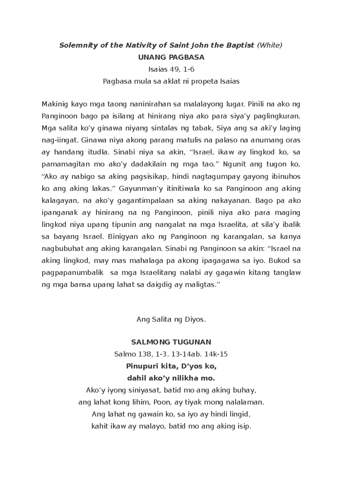 Solemnity of the Nativity of Saint John the Baptist - Pinili na ako ng ...