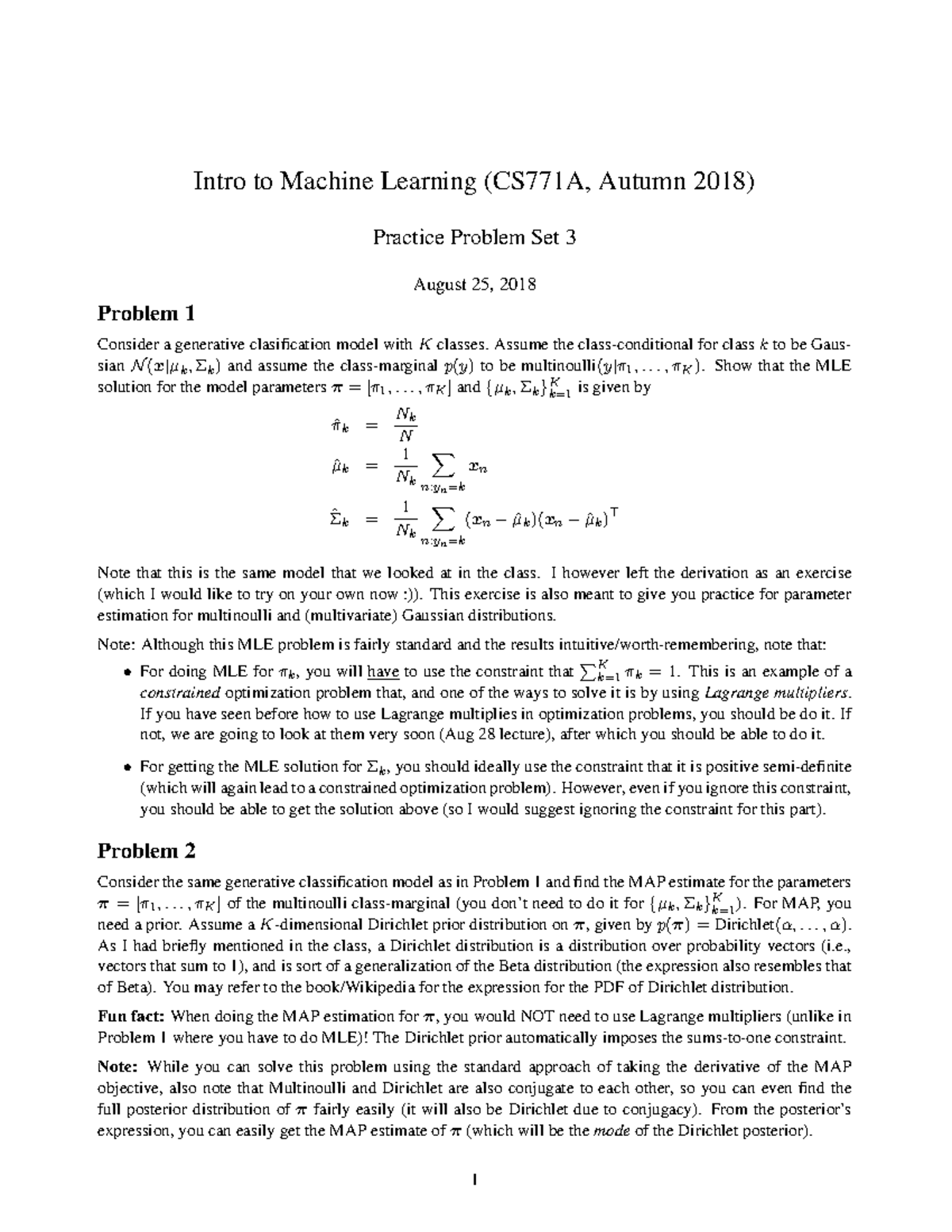 Pp3 cs771 A18 - PP3 - Intro to Machine Learning (CS771A, Autumn 2018) Practice Problem Set 3 ...