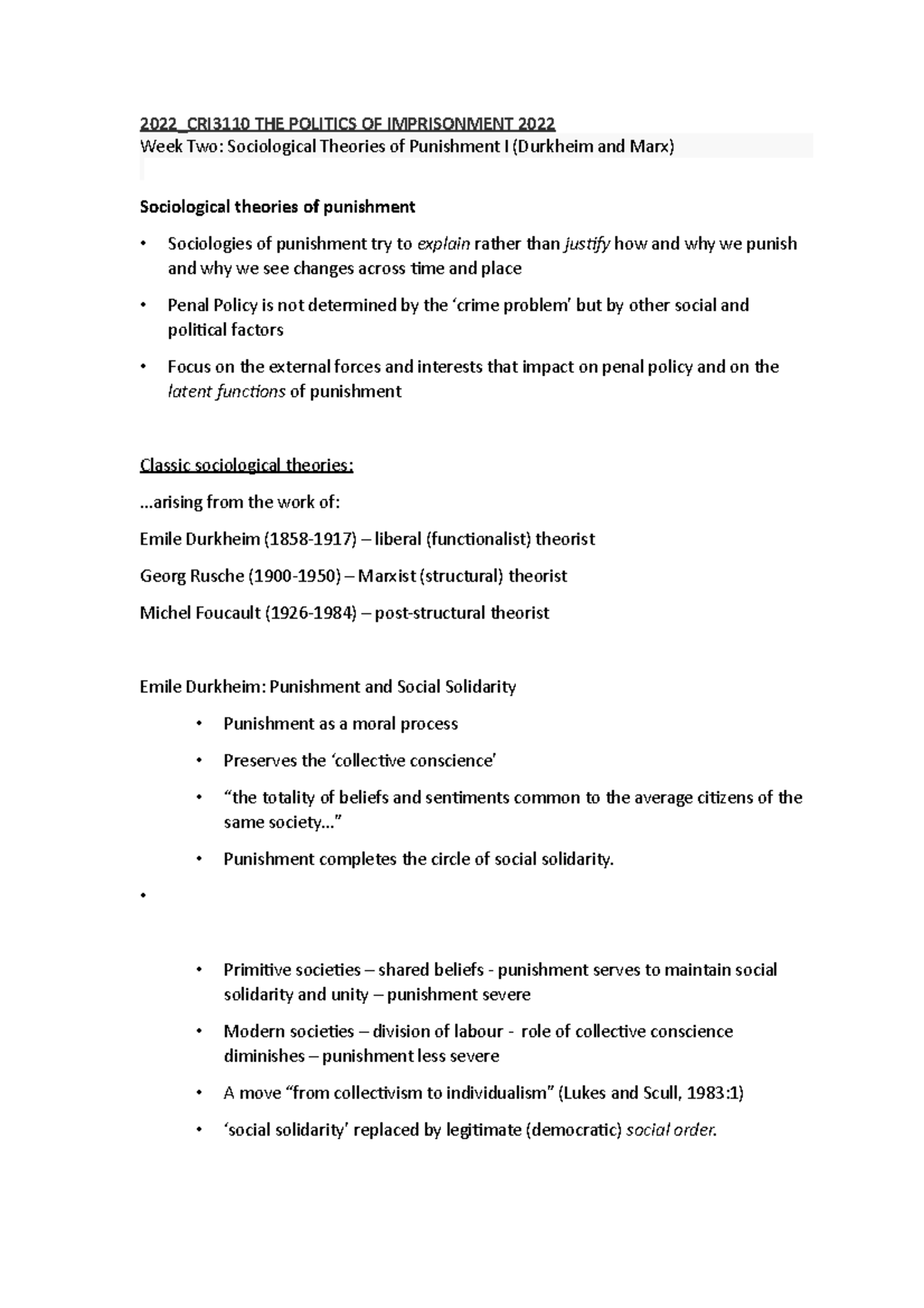 W2. Sociological theories of punishment - 2022_CRI3110 THE POLITICS OF ...