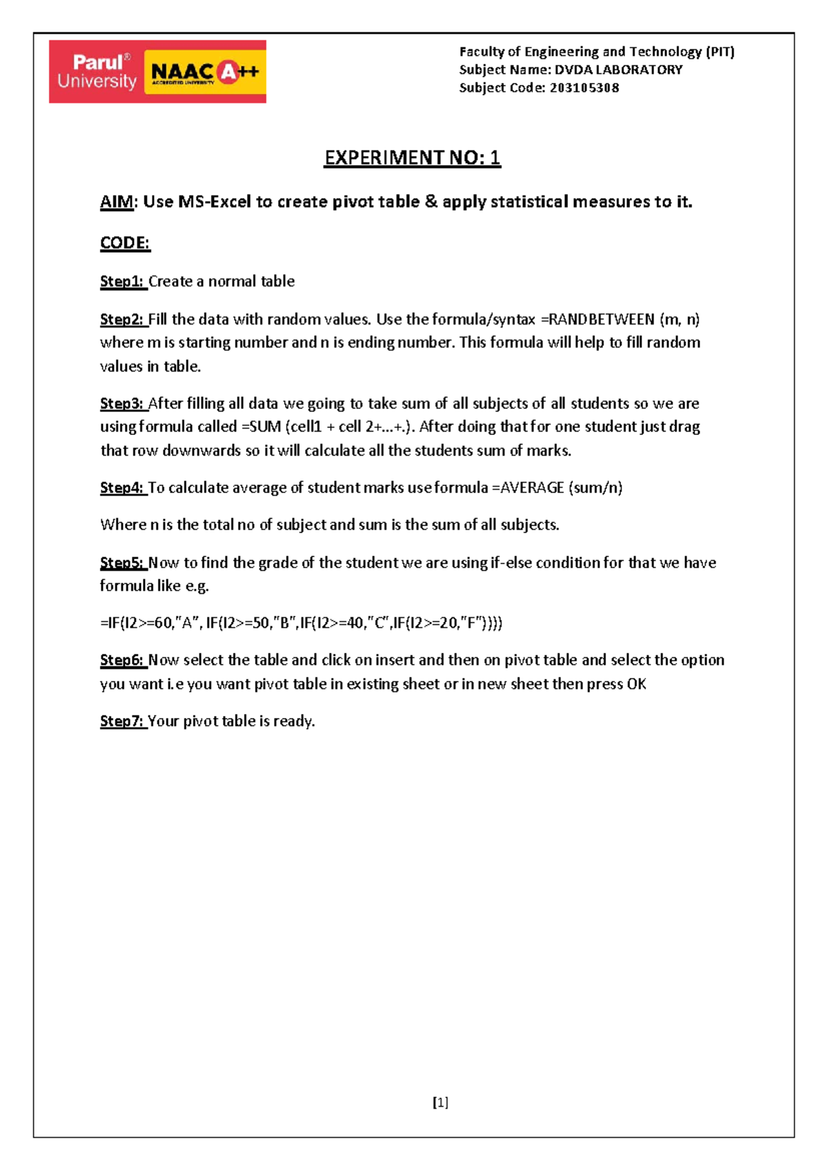 DVDA Manual PIT - Subject Name: DVDA LABORATORY Subject Code: 203105308 ...