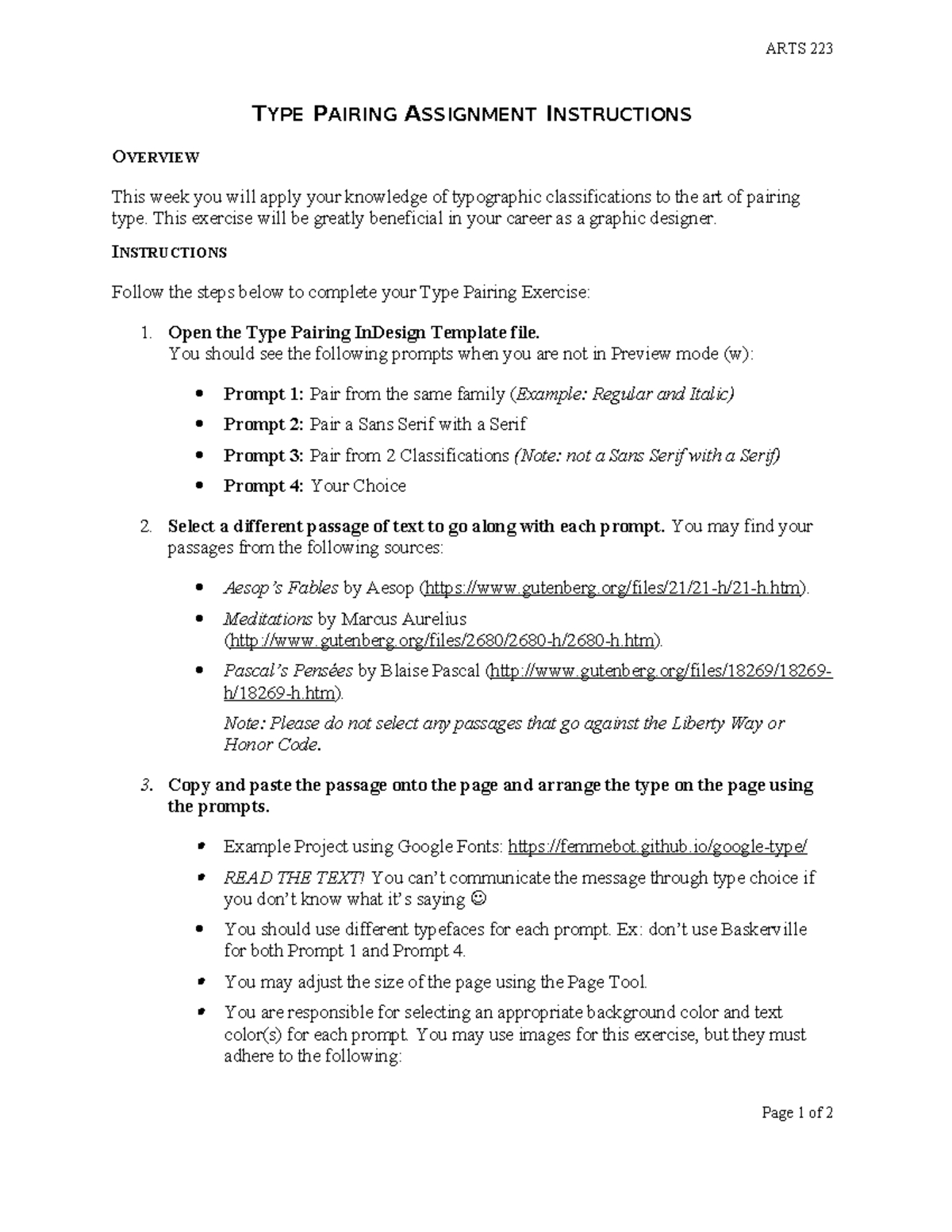 Type Pairing Assignment Instructions - ARTS 223 TYPE PAIRING ASSIGNMENT ...