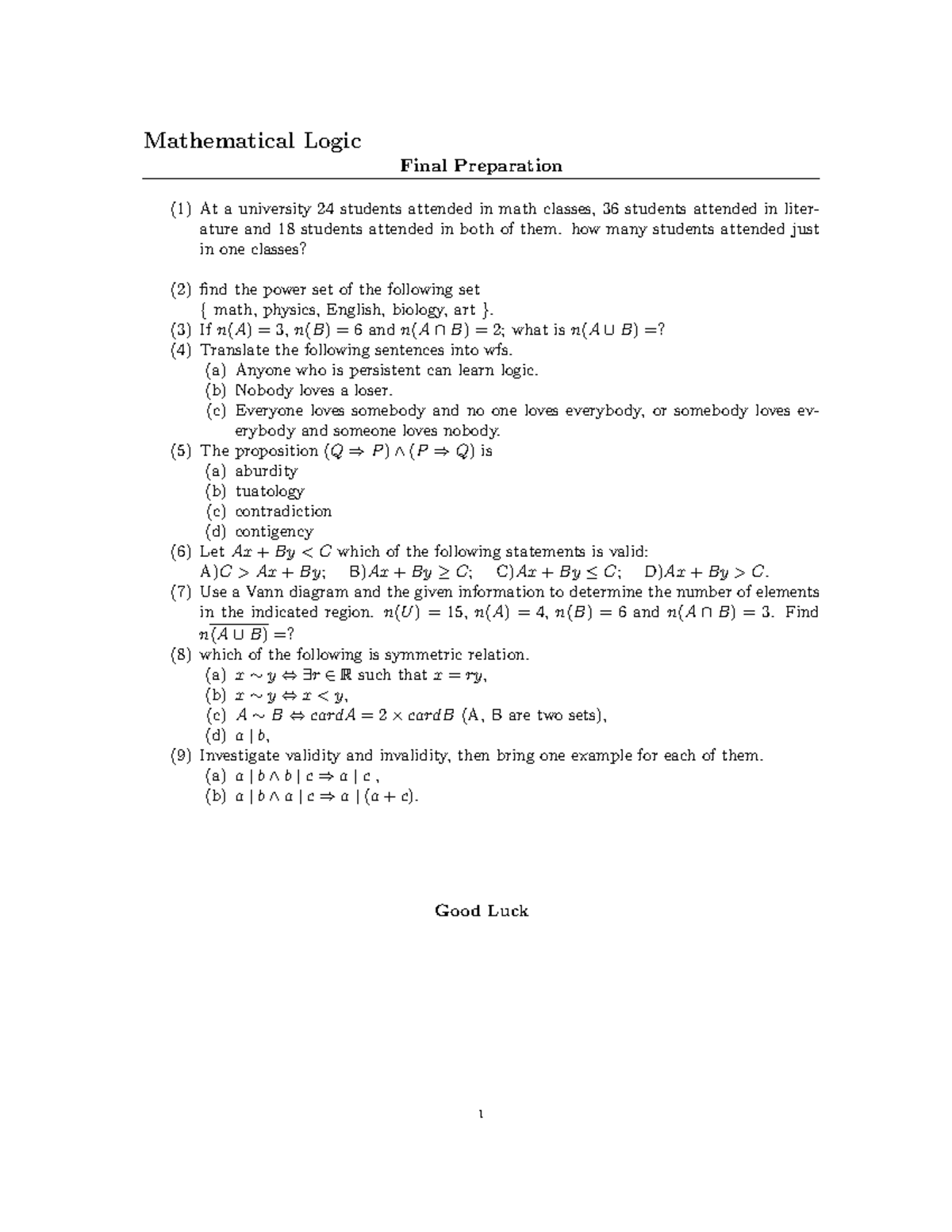 Final Prep - validity and invalidity of statements - Mathematical Logic ...