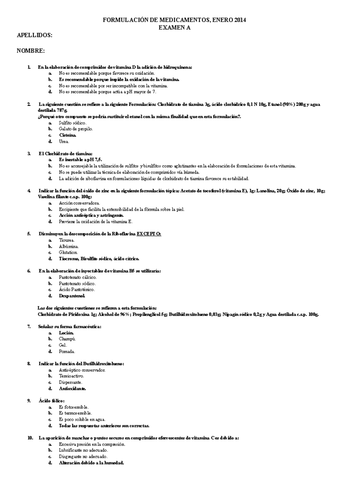 Examen Enero 2014, preguntas y respuestas - FORMULACIÓN DE MEDICAMENTOS, ENERO 2014 EXAMEN A ...