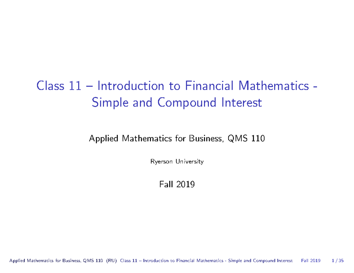 Week 11 -2019 - lecture notes - Class 11 – Introduction to Financial ...