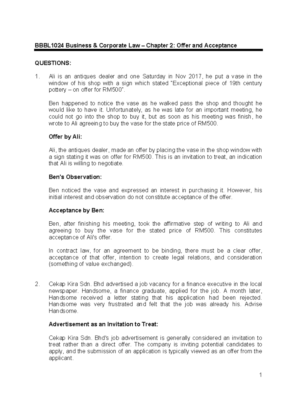 Business law tutorial 2 - BBBL1024 Business & Corporate Law – Chapter 2 ...