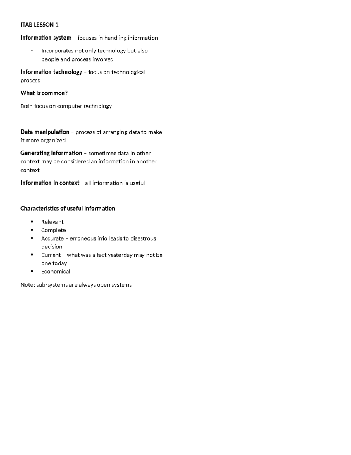 ITAB Lesson 1 lecture - ITAB LESSON 1 Information system – focuses in ...
