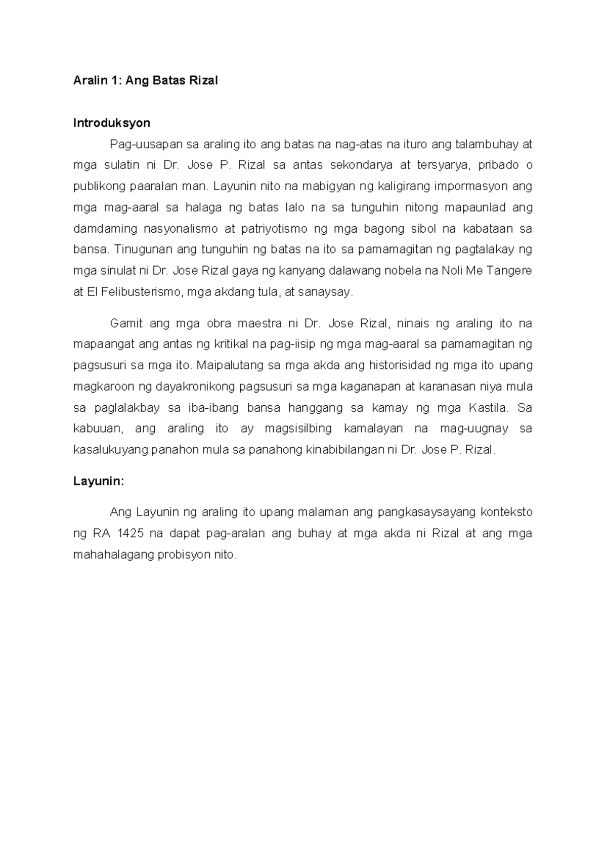 Aralin-1 (La Wo R) - Life and Works of Rizal Activity - Aralin 1: Ang Batas Rizal Introduksyon ...