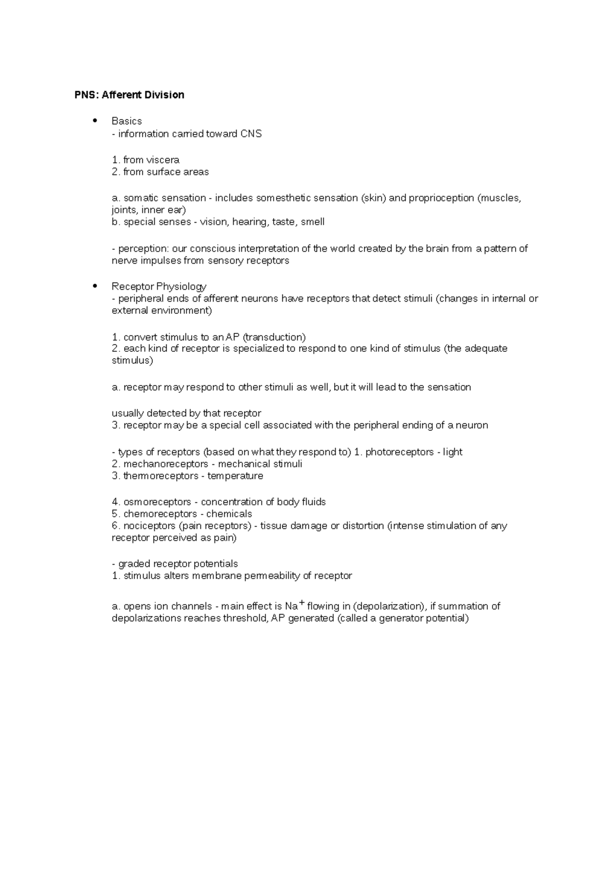 PNS - PNS lecture notes - PNS: Afferent Division Basics - information ...
