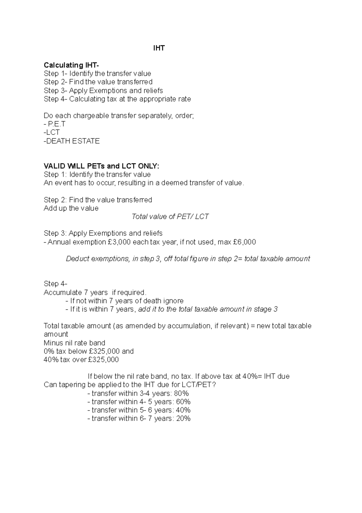 Summary sheet for IHT,CGT, instualment(non) and income tax - Studocu