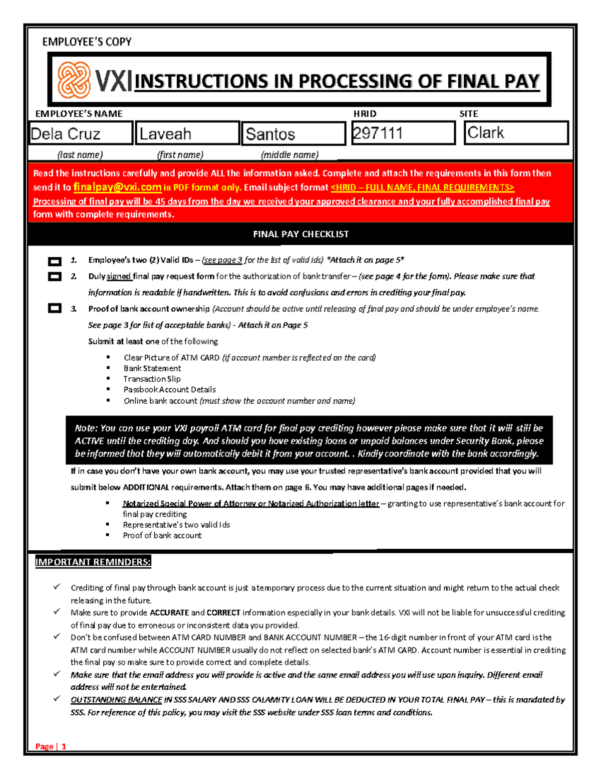 Instruction FOR Processing OF Final PAY - EMPLOYEE’S NAME HRID SITE 1 ...