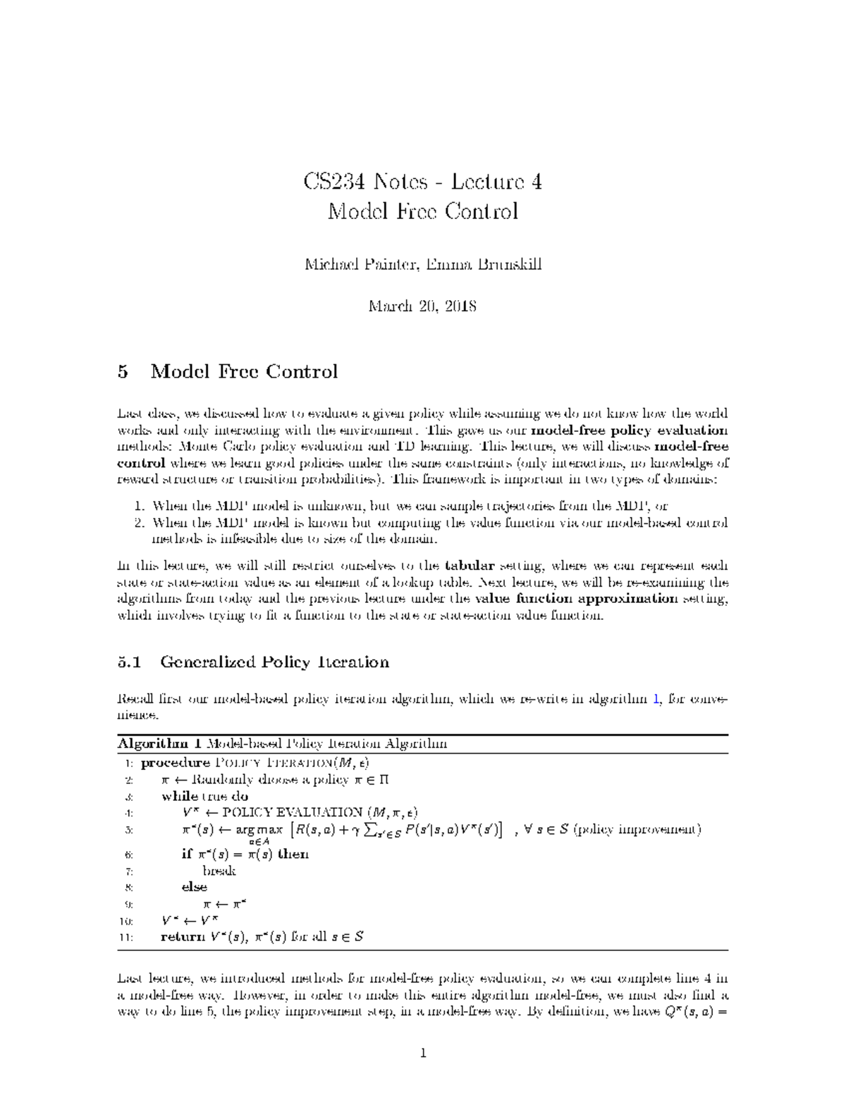 Lecture 4 This Was A Project For Cs Class Cs234 Notes Lecture 4 Model Free Control Michael 