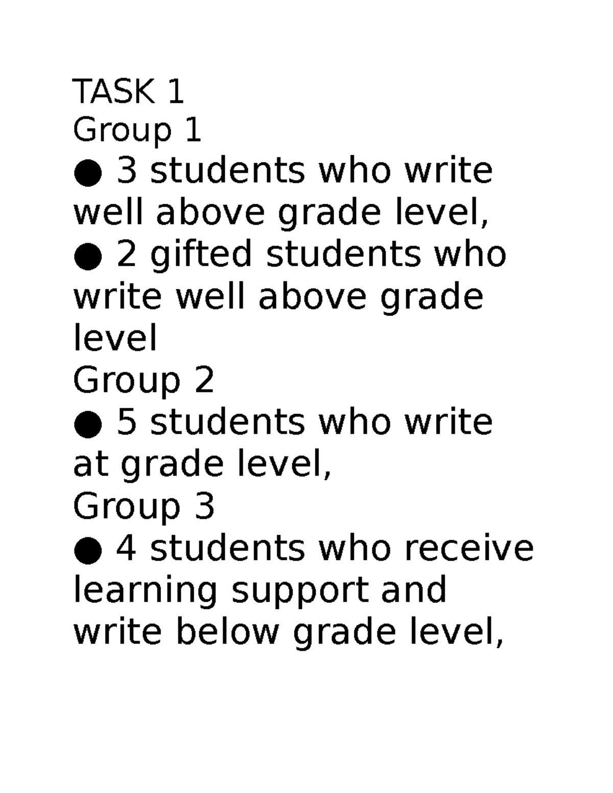 TASK 1 - Passed first time go. - TASK 1 Group 1 3 students who write well above grade level, 2 ...