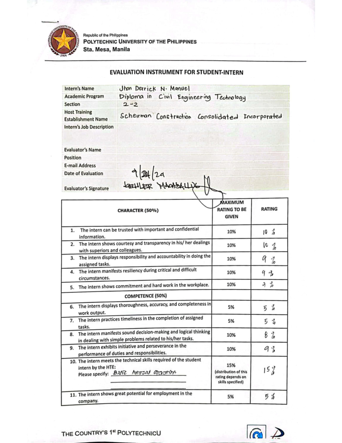 Trainee Performance Evaluation - UNIVERSITY OF THE INSURANCE Republic ...