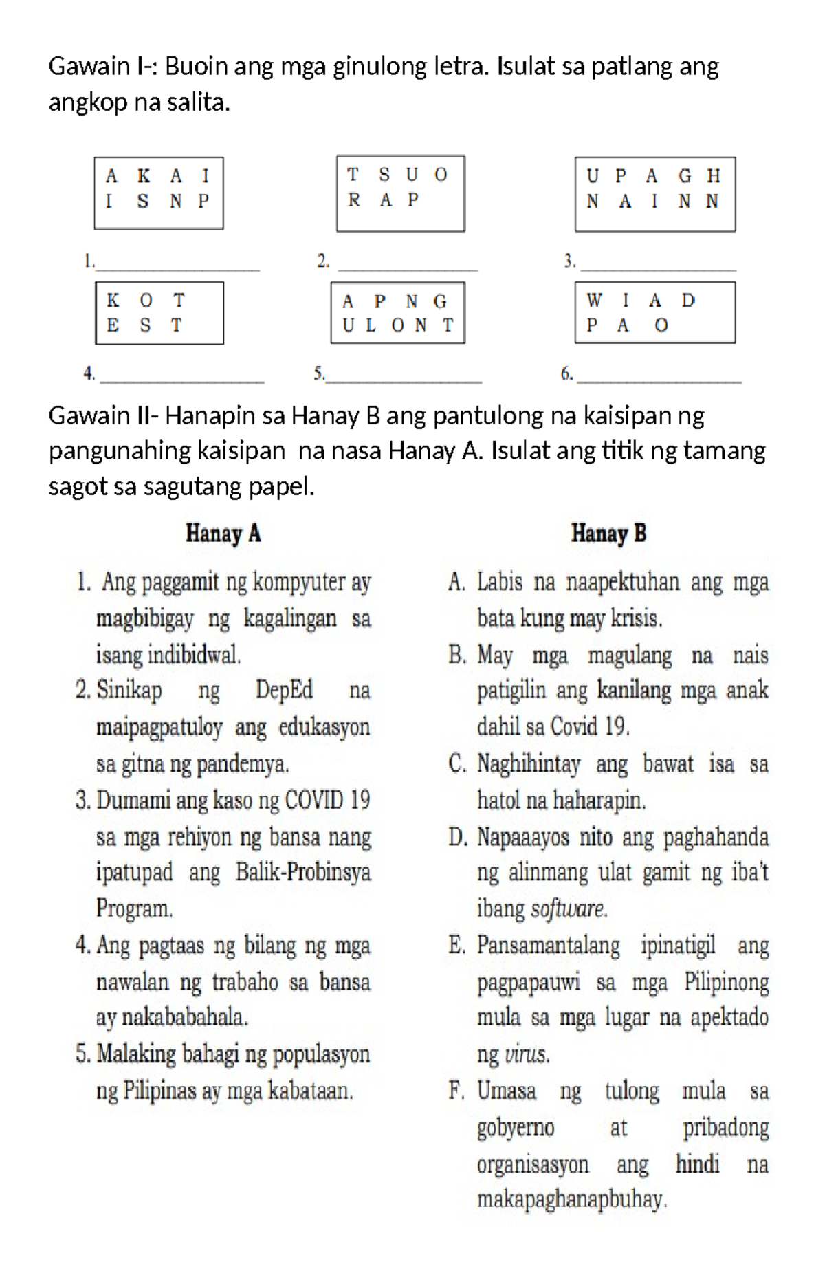 Gawain I - activity sheet - Filipino 11 - Gawain I-: Buoin ang mga ...