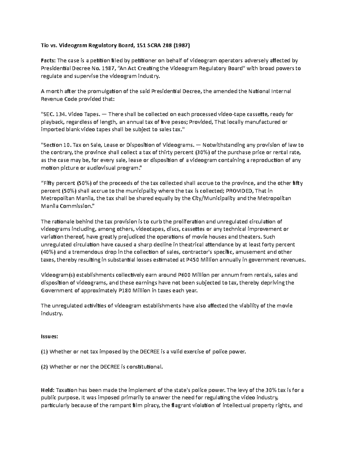 Tax-cases - Tax Cases - Tio vs. Videogram Regulatory Board, 151 SCRA ...