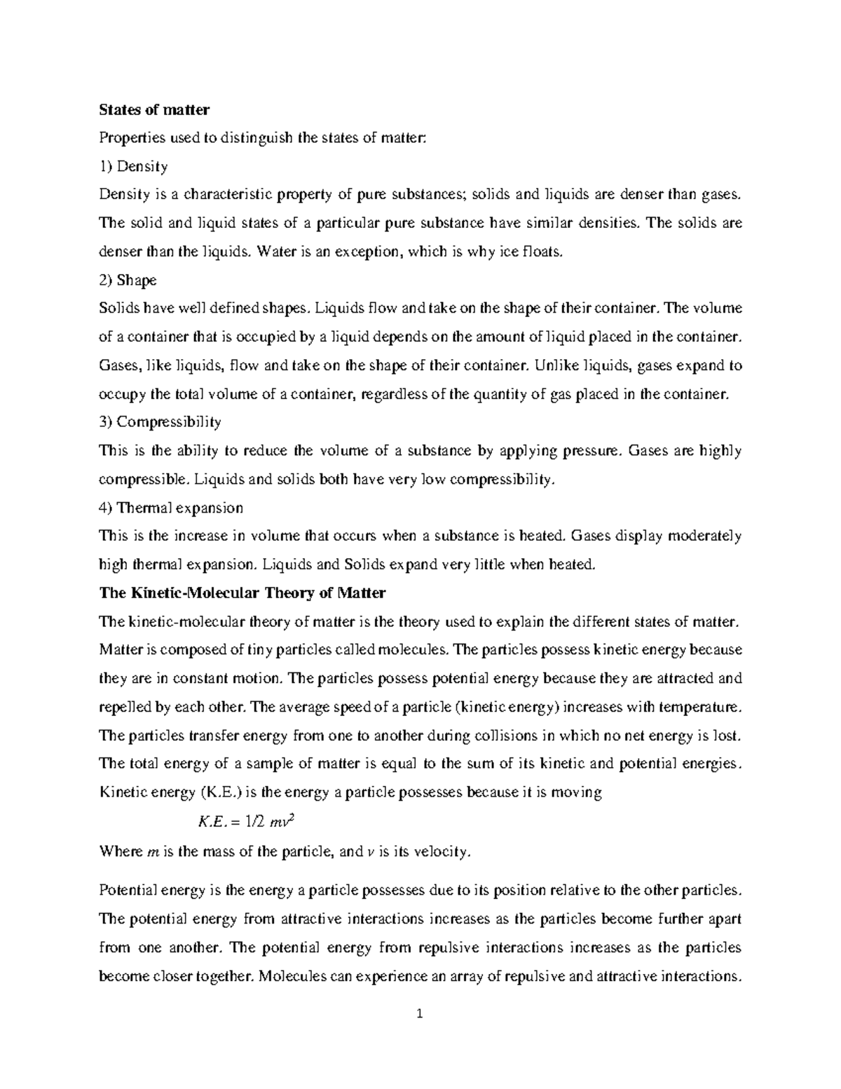 CHEM 111 Notes - Good - States of matter Properties used to distinguish ...