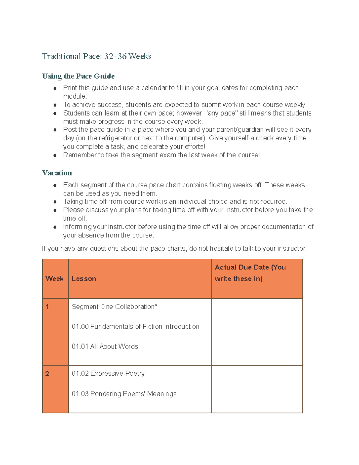 Pace Chart Entire Course - Traditional Pace: 32–36 Weeks Using the Pace ...
