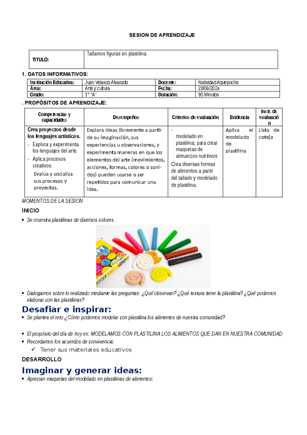 ARTE Modelado 28 DE Junio - SESION DE APRENDIZAJE TITULO: Tallamos ...