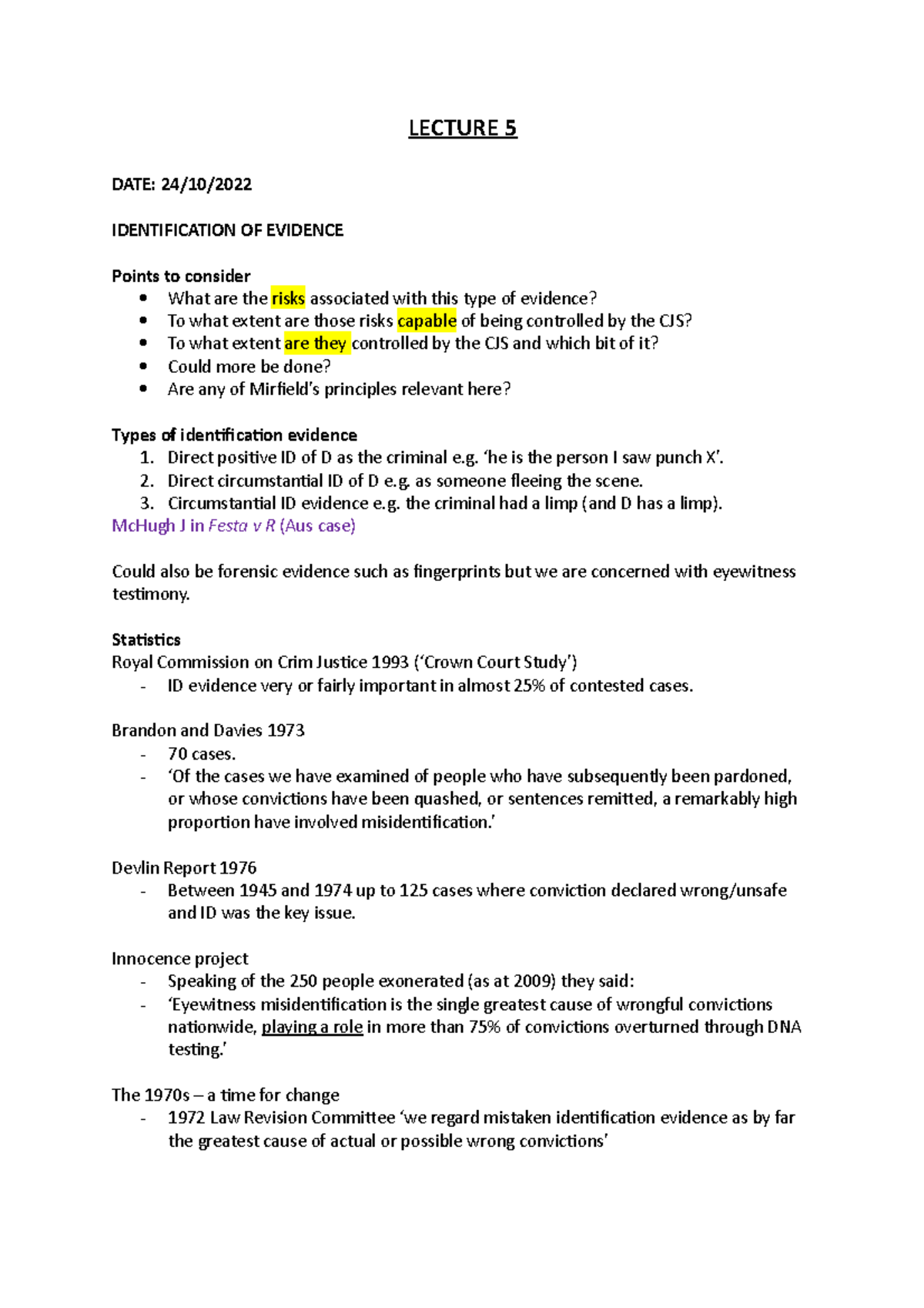 Lecture 5 - Identification Evidence - LECTURE 5 DATE: 24/10 ...