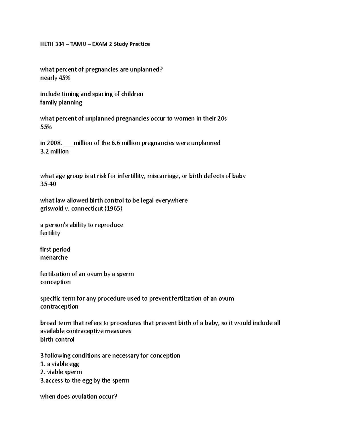 HLTH 334 - TAMU - Exam 2 - Study Practice - HLTH 334 – TAMU – EXAM 2 ...