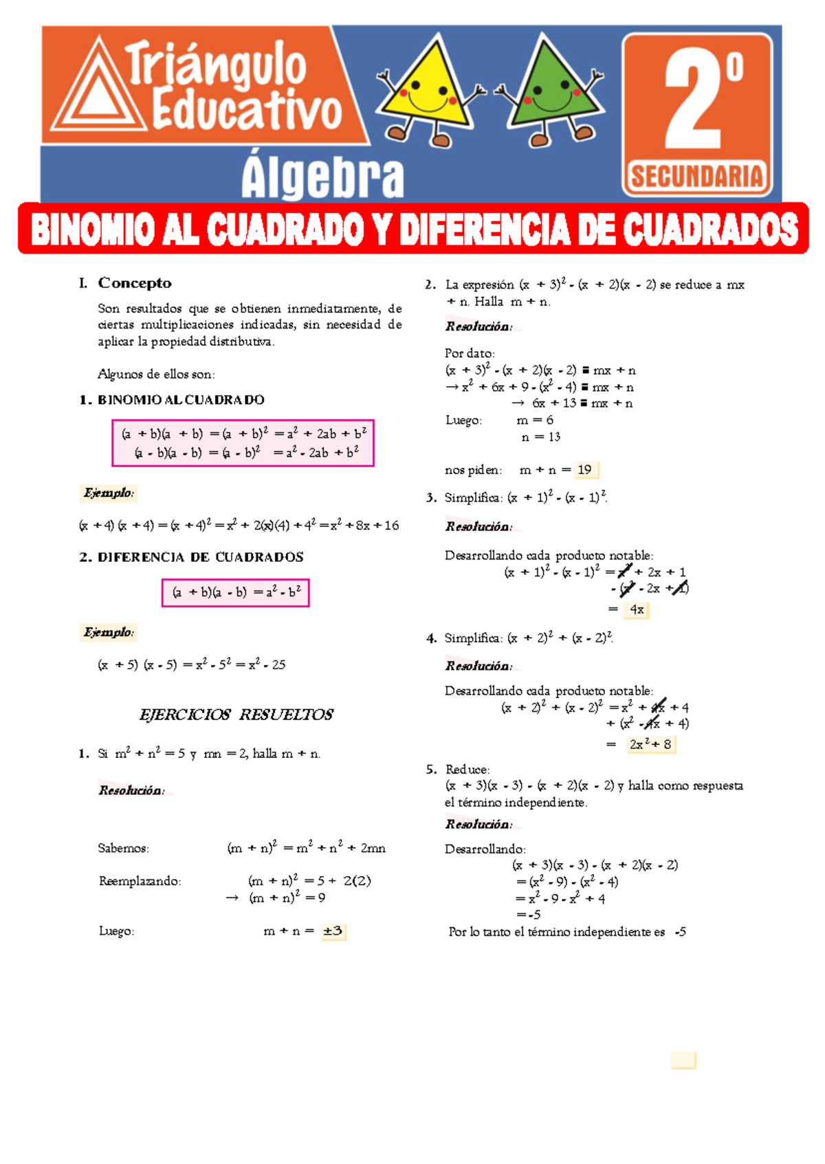 Binomio al Cuadrado y Diferencia de Cuadrados para Segundo Grado de ...