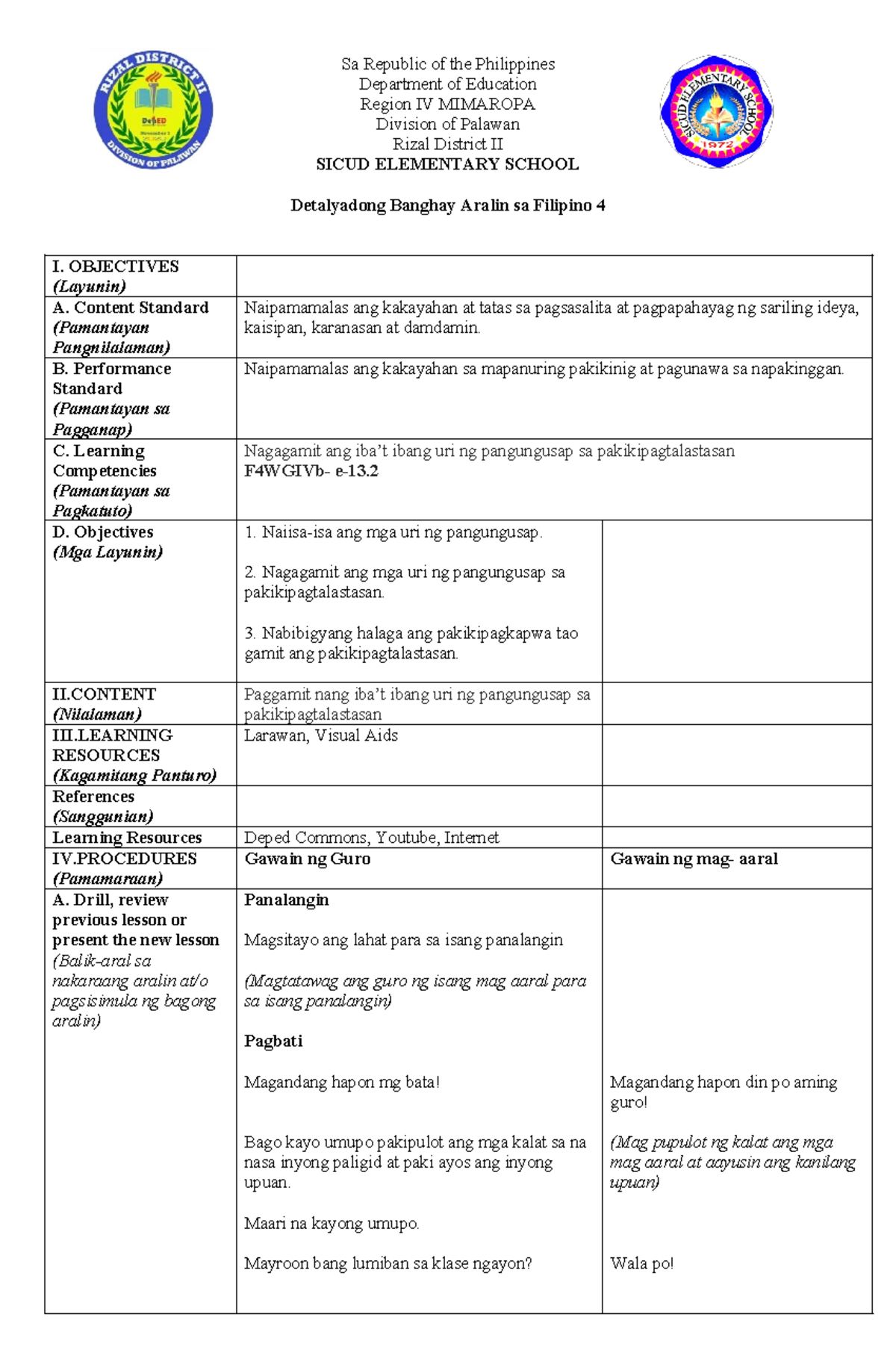 DLP Filipino 4 - lesson plan - Sa Republic of the Philippines ...