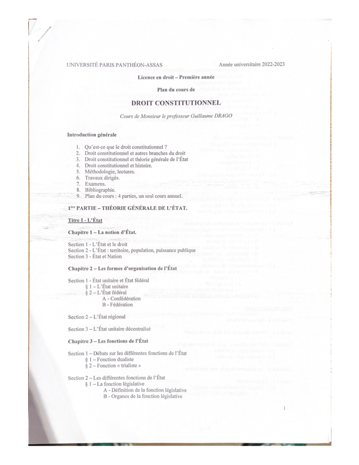 Plan de cours équipe 2 L1 S1 - Droit constitutionnel - Studocu
