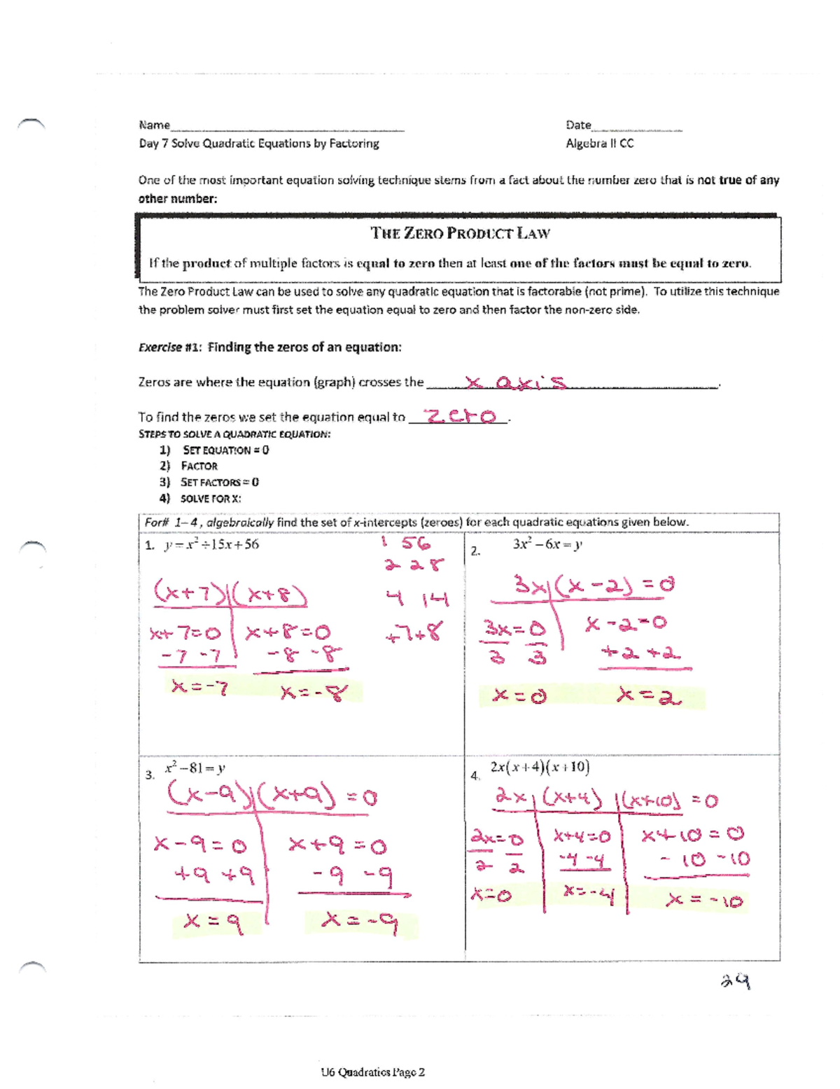U6 quad to quiz2 ans key - quadratics notes - 0144 490 - Studocu