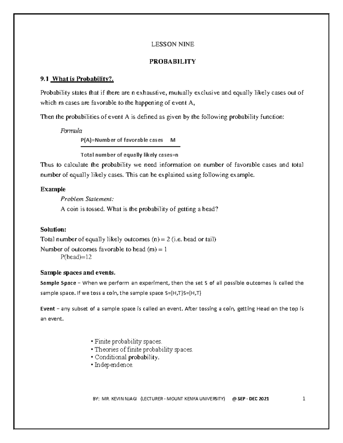 Lesson 9 Probability - Practice - BY: MR. KEVIN NJAGI (LECTURER - MOUNT ...