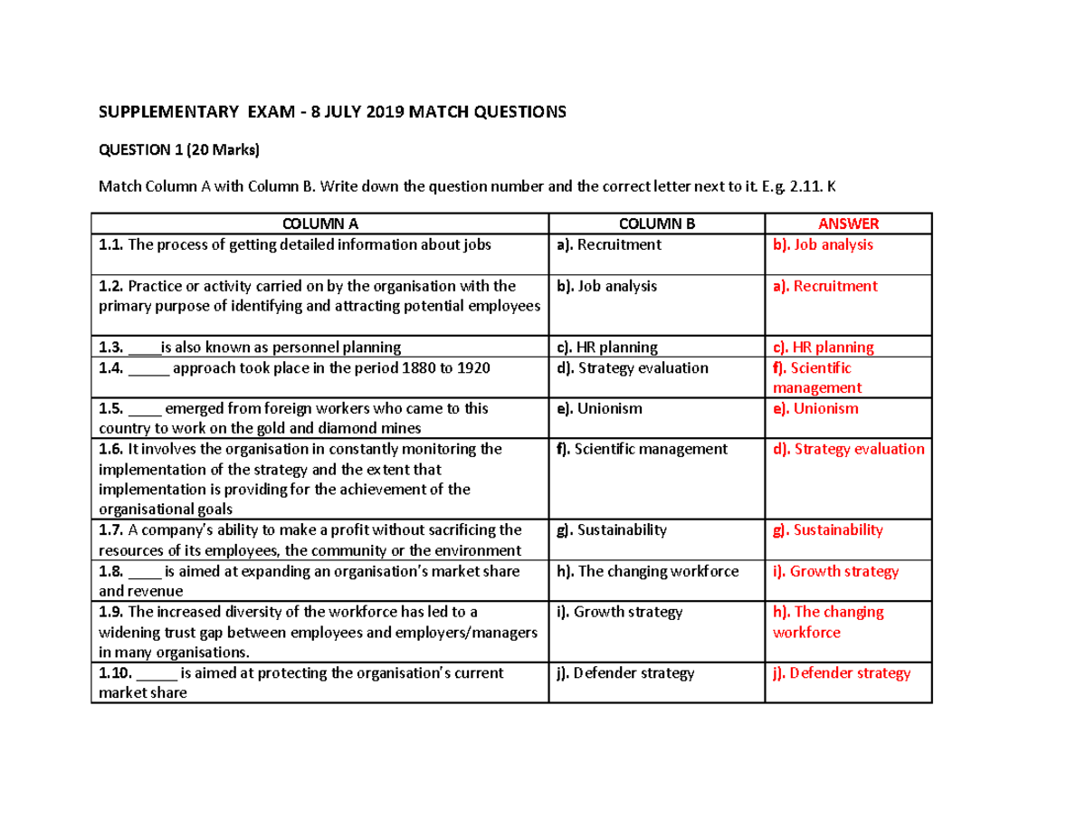 Supplementary EXAM 8 JULY 2019 Match Questions - SUPPLEMENTARY EXAM - 8 ...
