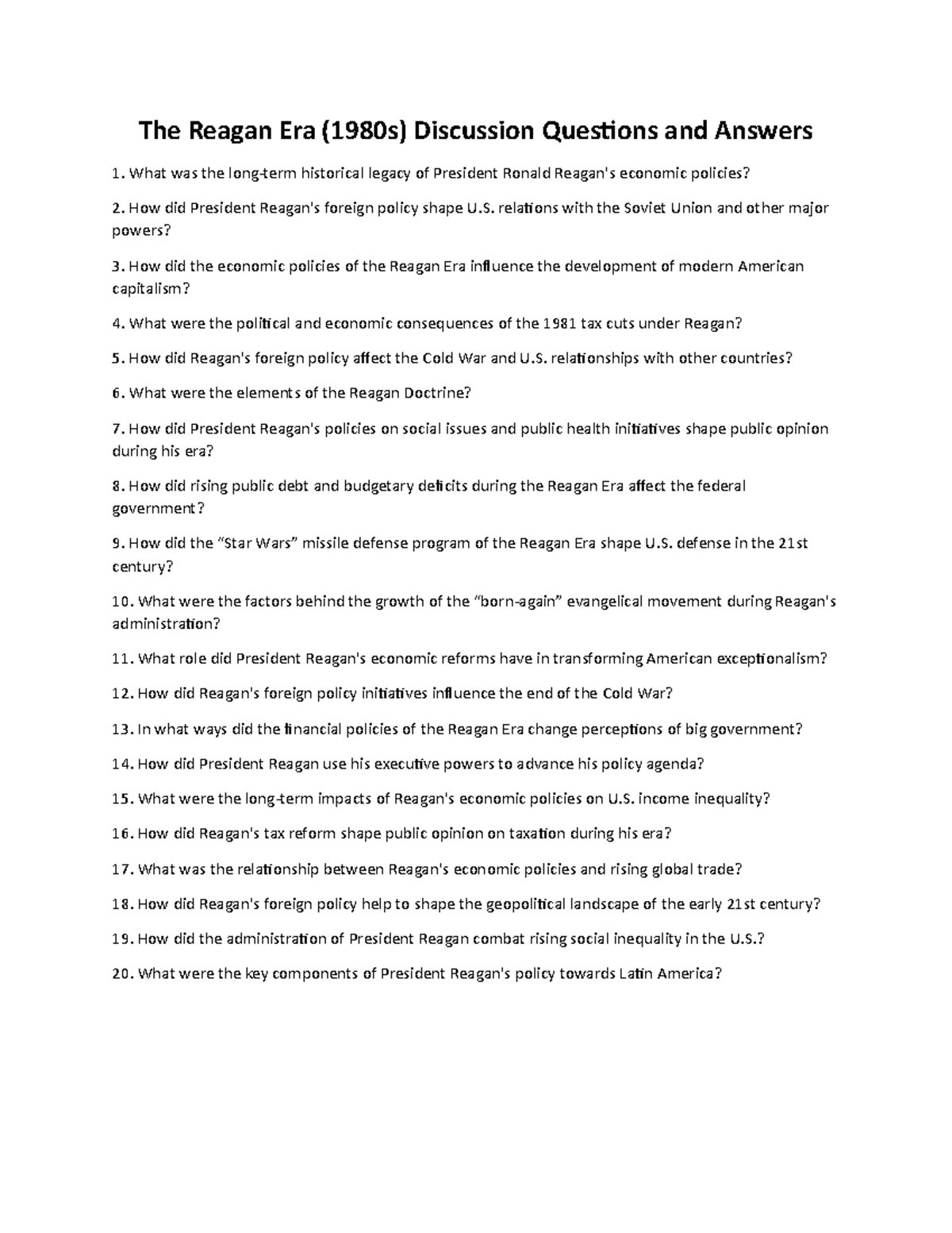 The Reagan Era and The 1990s Discussion Questions and Answers - The ...