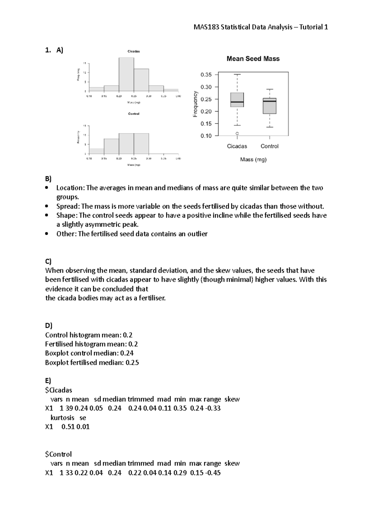 Tutorial 1 Mas183 Statistical Data Analysis Tutorial 1 1 A B