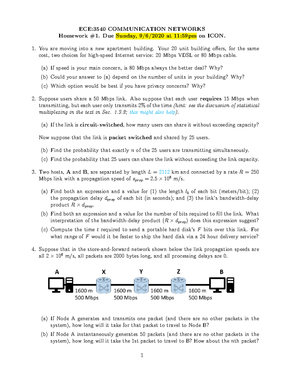Comm Nets HW1 Fall2020 - jhfjh hvhjghjg - ECE:3540 COMMUNICATION NETWORKS Homework #1. Due ...