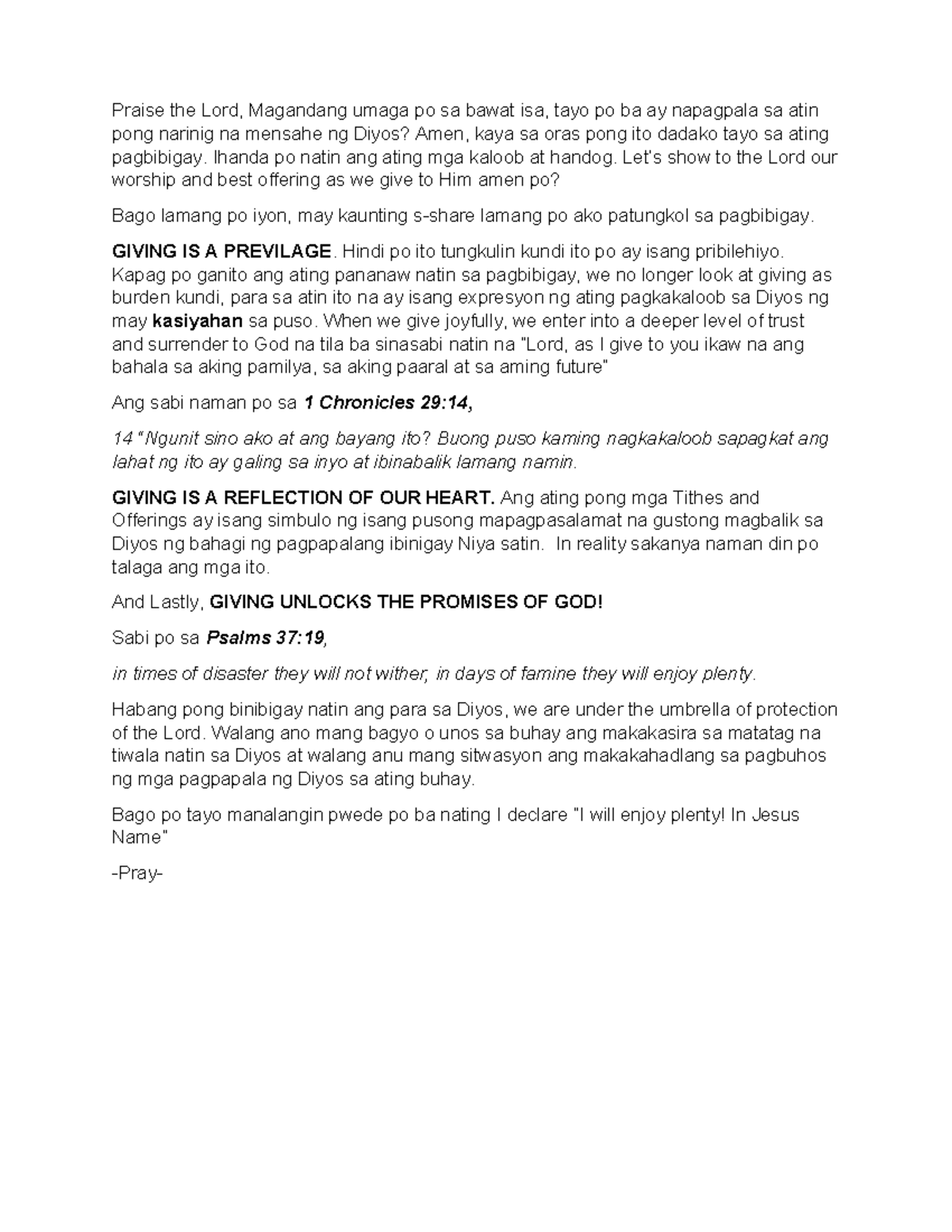 T & O Exhortation - Script - Praise the Lord, Magandang umaga po sa ...