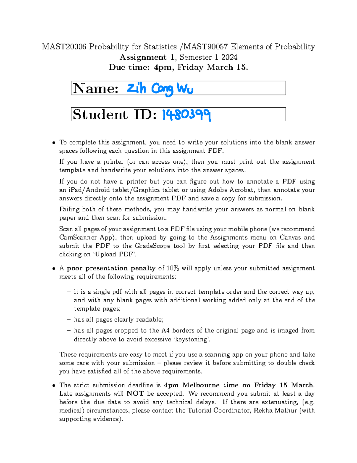Assignment 1 Prob - MAST20006 Probability for Statistics /MAST90057 Elements of Probability ...