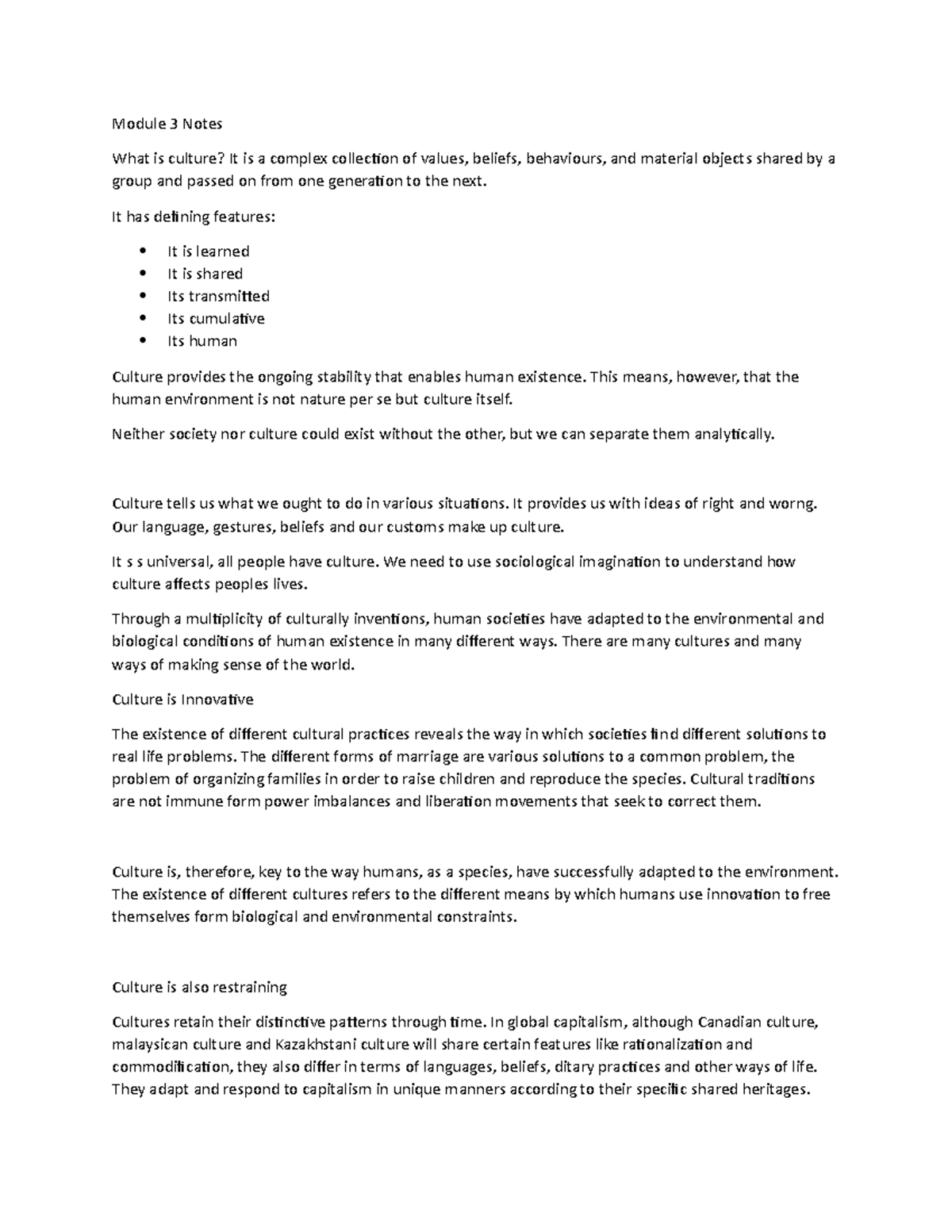 Module 3 Notes - Module 3 Notes What is culture? It is a complex ...