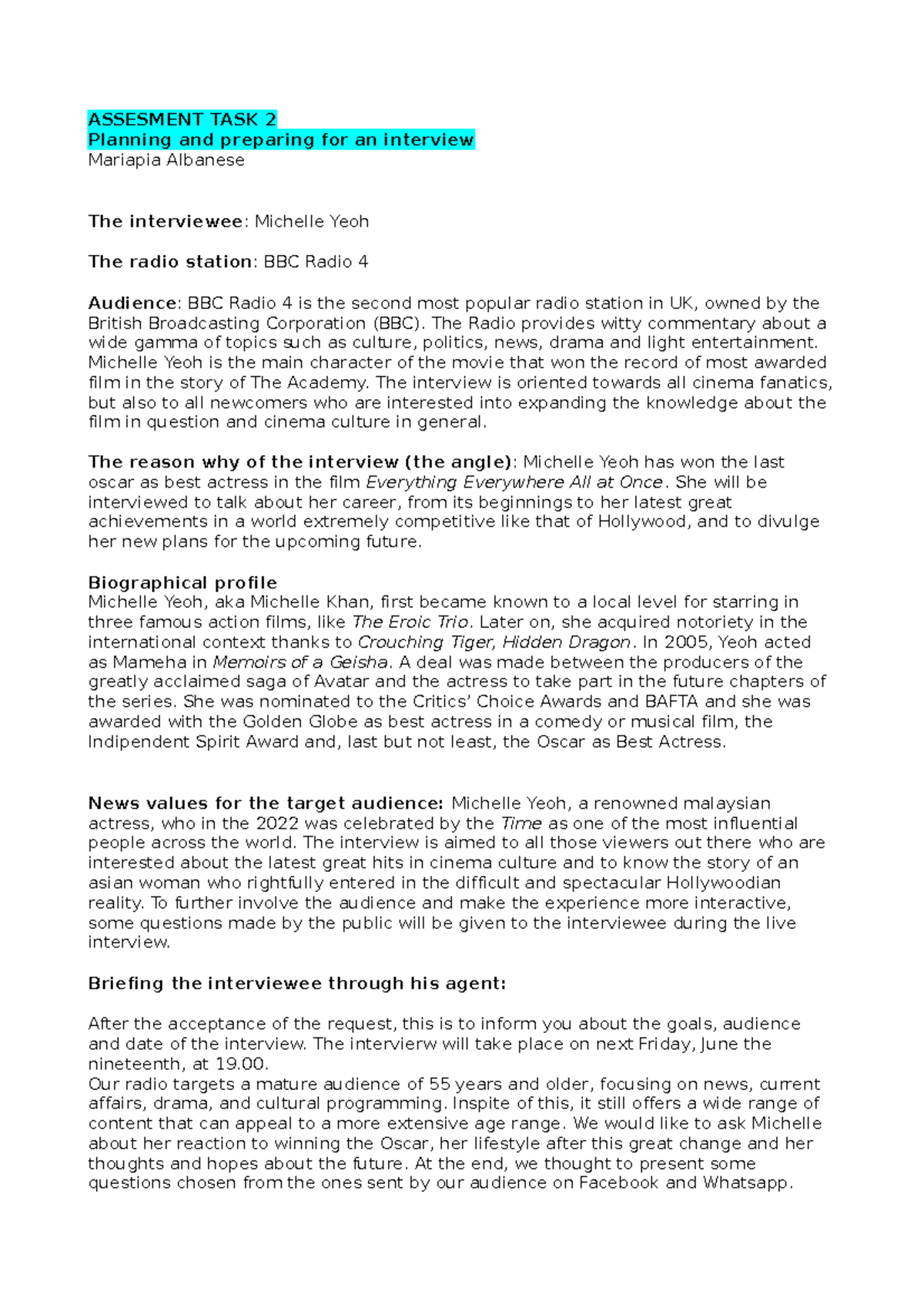 Assessment Task 2 Radio Interview - ASSESMENT TASK 2 Planning and ...