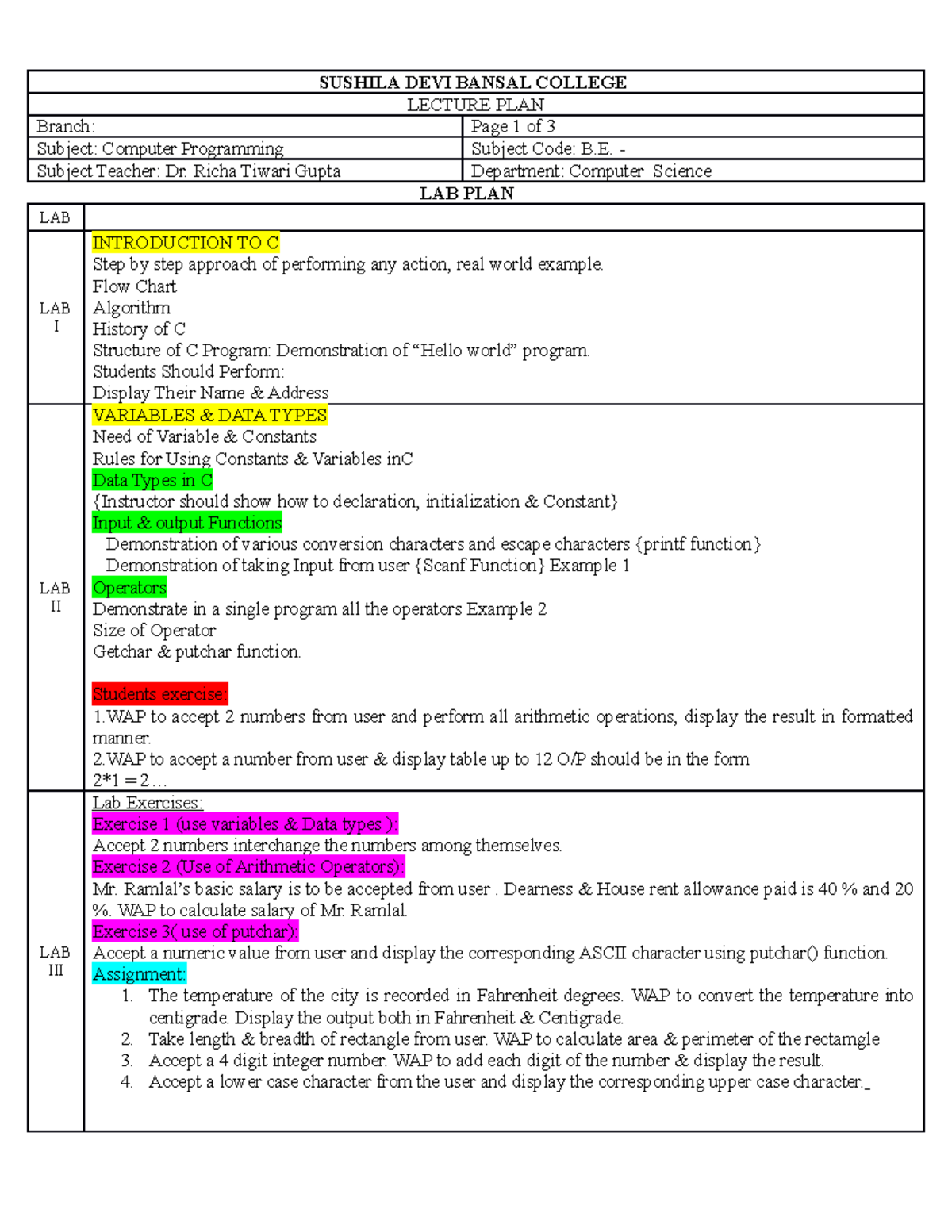 Comp prog lecture plan - SUSHILA DEVI BANSAL COLLEGE LECTURE PLAN ...
