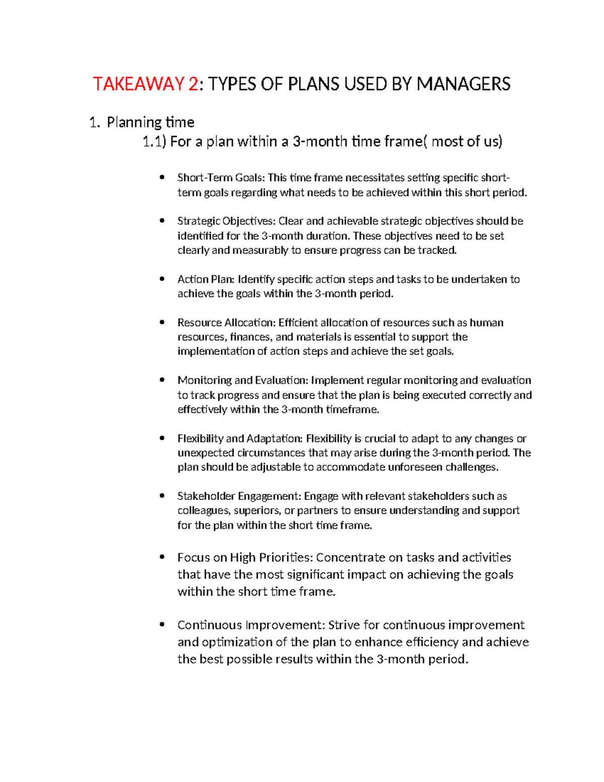 Takeaway-2 - TAKEAWAY 2: TYPES OF PLANS USED BY MANAGERS 1. Planning ...