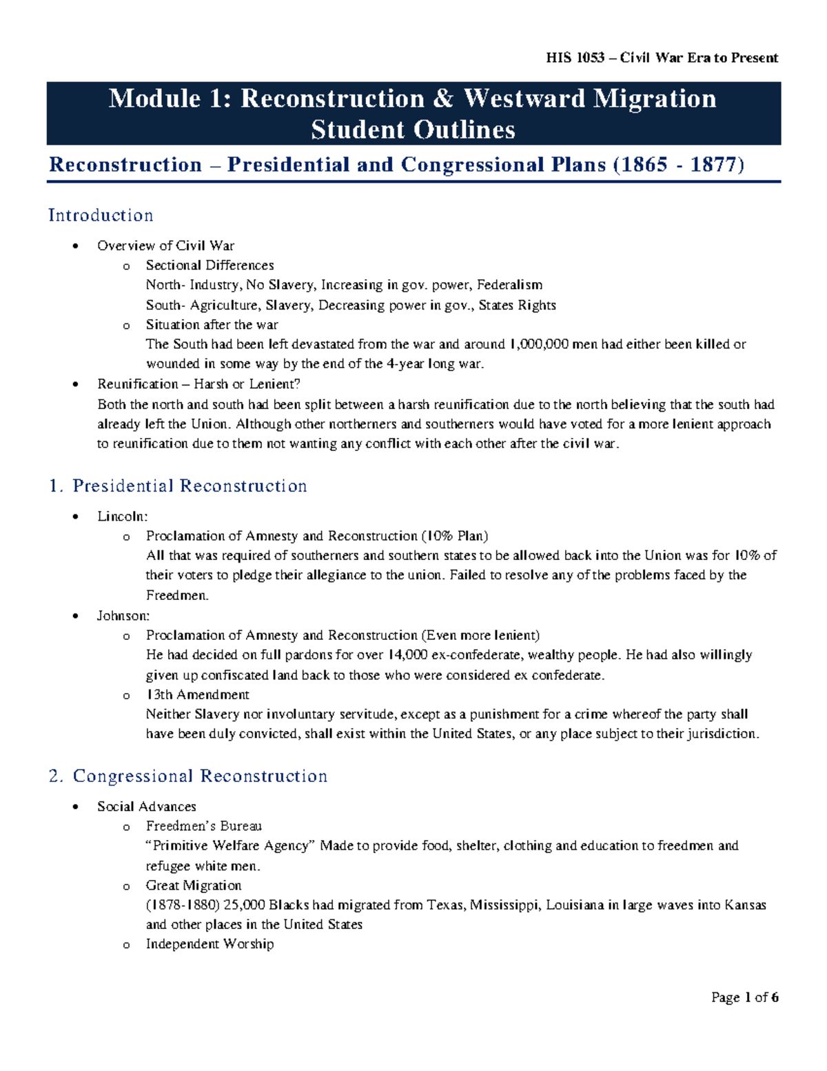 Module 1 Reconstruction and Westward Migration Student Outlines ...