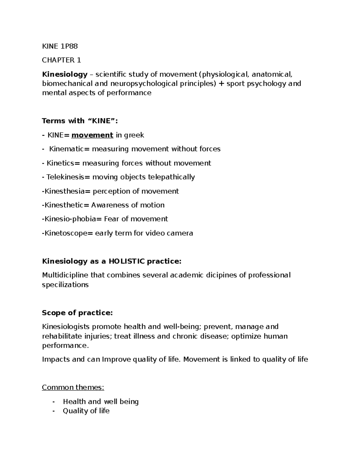 KINE 1p88 Chapter 1 Notes - KINE 1P CHAPTER 1 Kinesiology – scientific ...