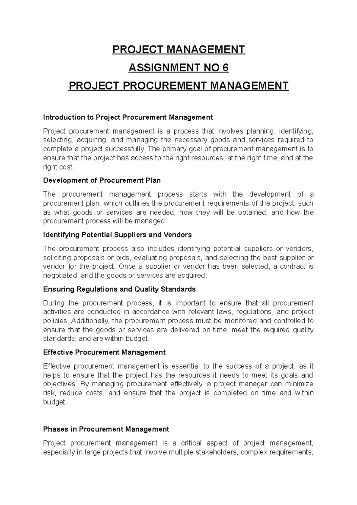 Project Procurement Mgmt - PROJECT MANAGEMENT ASSIGNMENT NO 6 PROJECT ...
