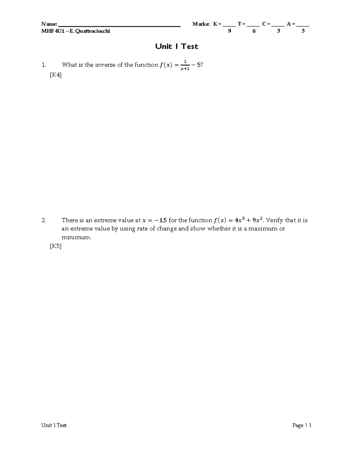 Mhf4u 1 3b Tv3 Ch 1 2 Name Marks K T C A Mhf 4u1 E